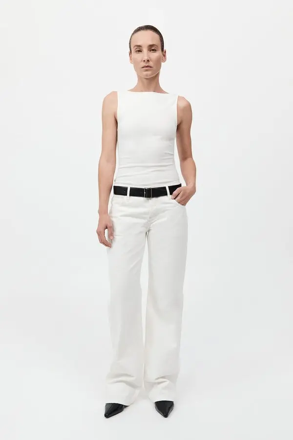 ST. AGNI Ribbed Bateau Cut Out Top - White