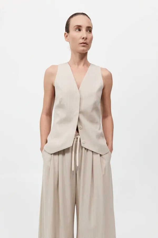 ST. AGNI Pinstripe Wool Vest - Latte