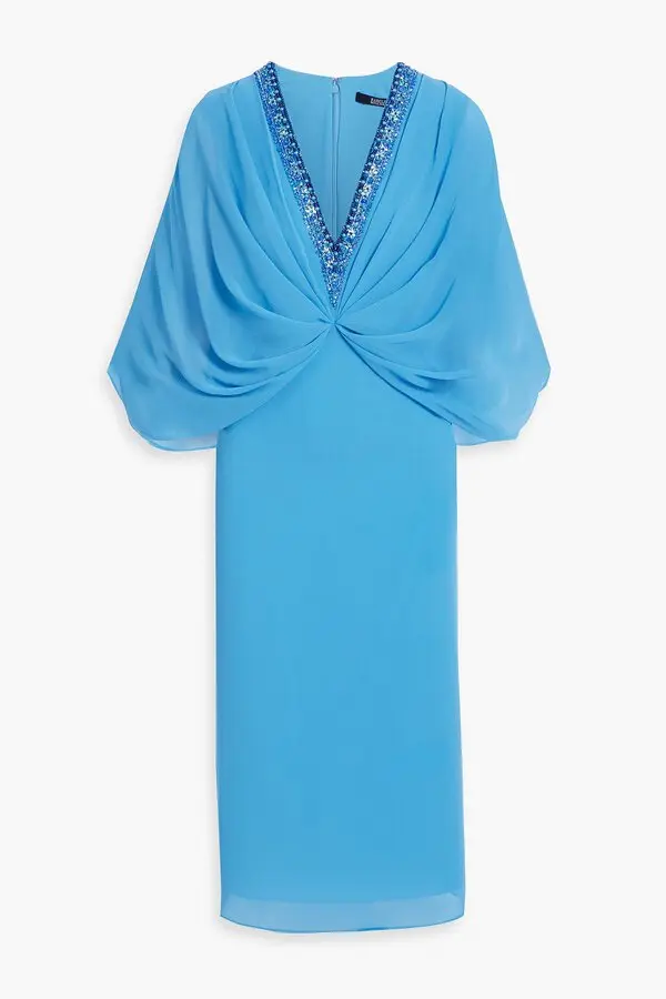 Badgley Mischka Draped Embellished Chiffon Midi Dress
