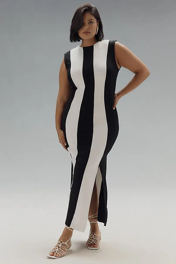 ELOQUII Plus Sleeveless Striped Knit Maxi Dress - Black & White Pattern