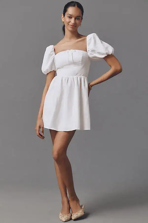 Reformation Linen Mini Dress With Puff Sleeves In White - 68% Off |  Editorialist