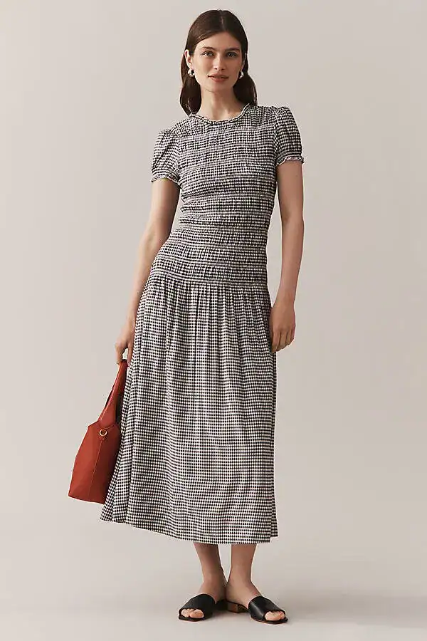 Reformation Kiria Shirred-Bodice Check Woven Midi Dress - Remy Check |  Editorialist