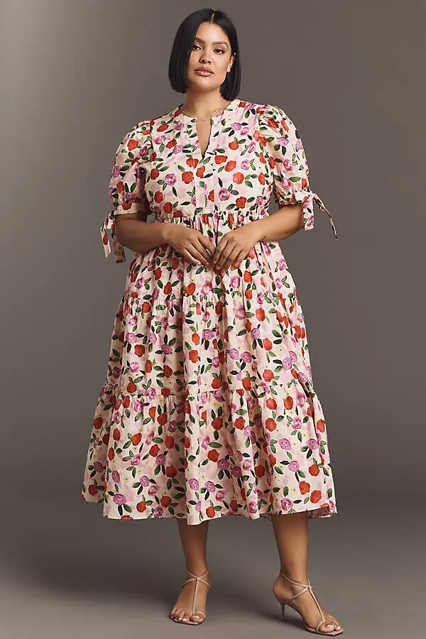 English Factory Puff-sleeve Tiered Midi Dress