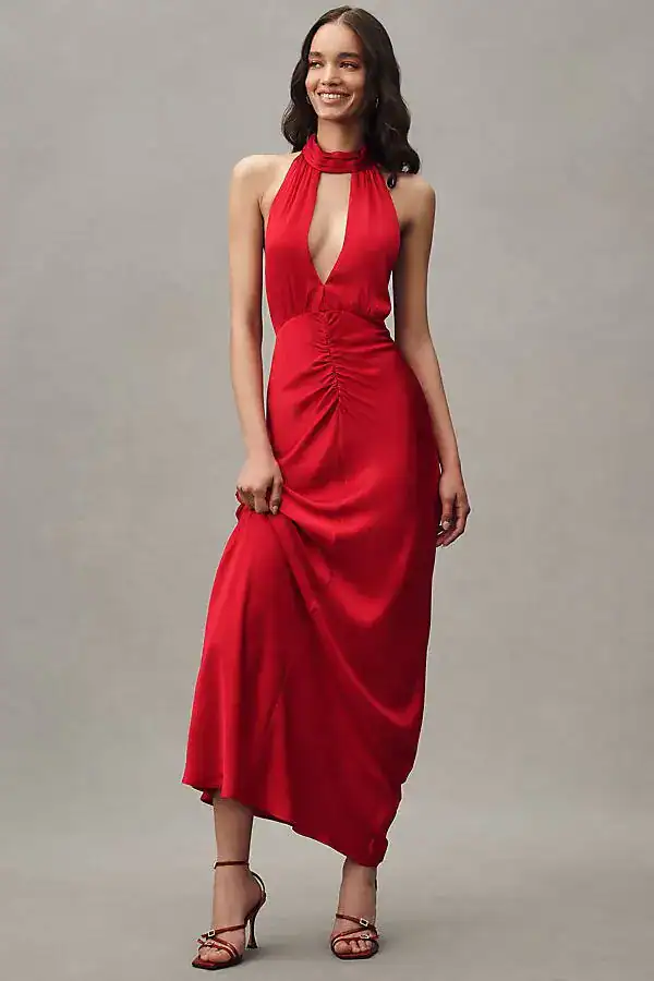 white christmas dresses Cut-Out Ruched Halterneck Maxi Dress in White - L