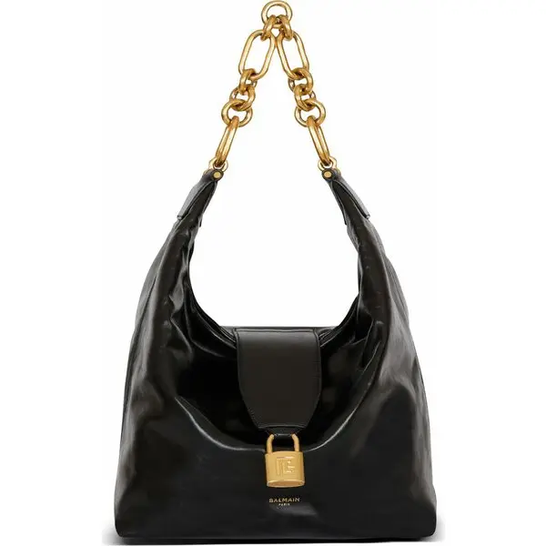 Balmain Sync Hobo Bag In Calfskin Leather - Black