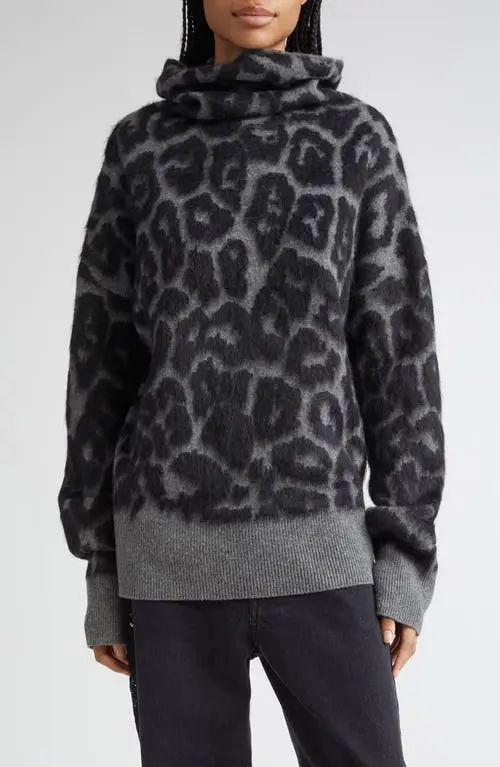 Stella McCartney Leopard Jacquard Virgin Wool Funnel Neck Sweater - 1010 - Black/ Grey