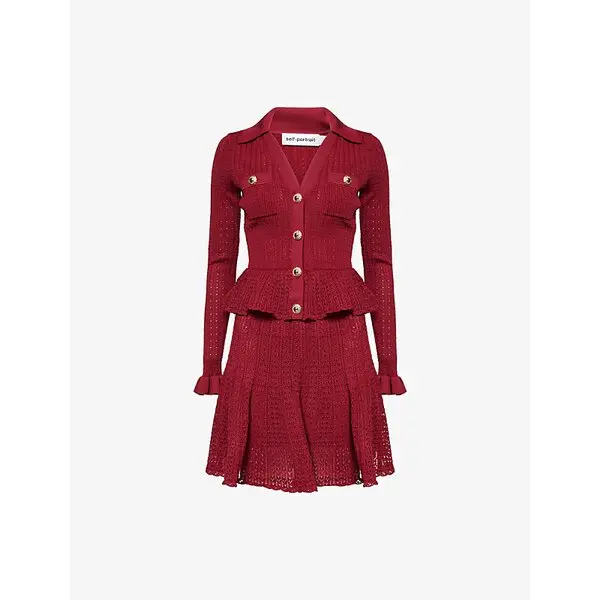 SELF-PORTRAIT Pointelle Peplum Knitted Mini Dress
