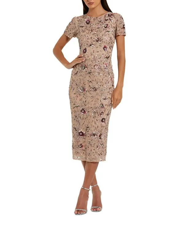Mac Duggal Floral Embellished Mesh Midi Dress