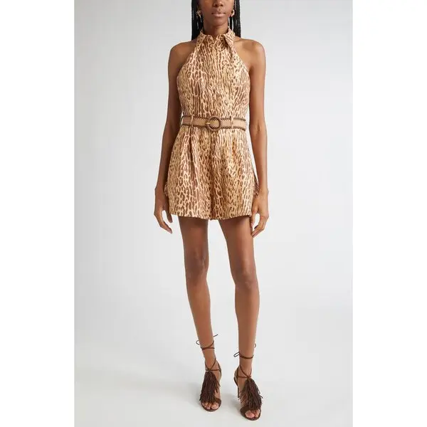 Zimmermann Cascadian Belted Linen Halter Romper - Tan Leopard