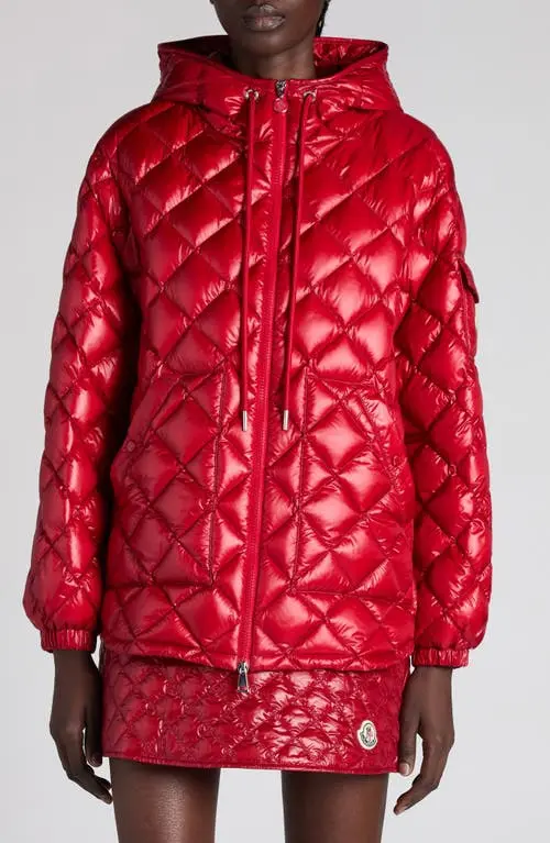 Moncler Diamond Quilted Down Hooded Jacket - Red Auburn
