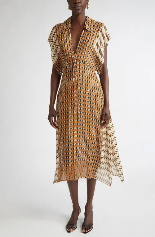 St. John Whitney Mosaic Print Dolman-sleeve Dress - Ecru/ Cinnamon Multi