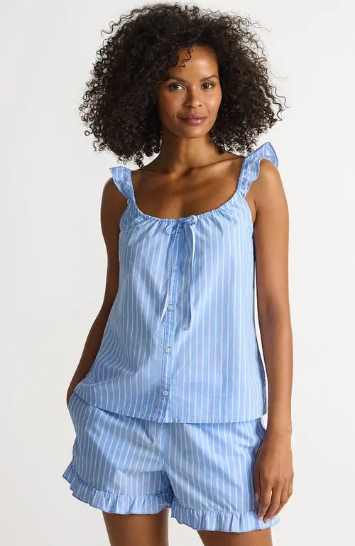 LANDS' END Poplin 2 Piece Pajama Settank Top And Shorts - Blue/white Stripe