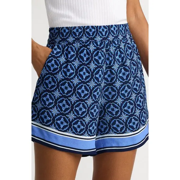 LANDS' END High Rise 5" Pull-on Shorts - Deep Sea Border Tile
