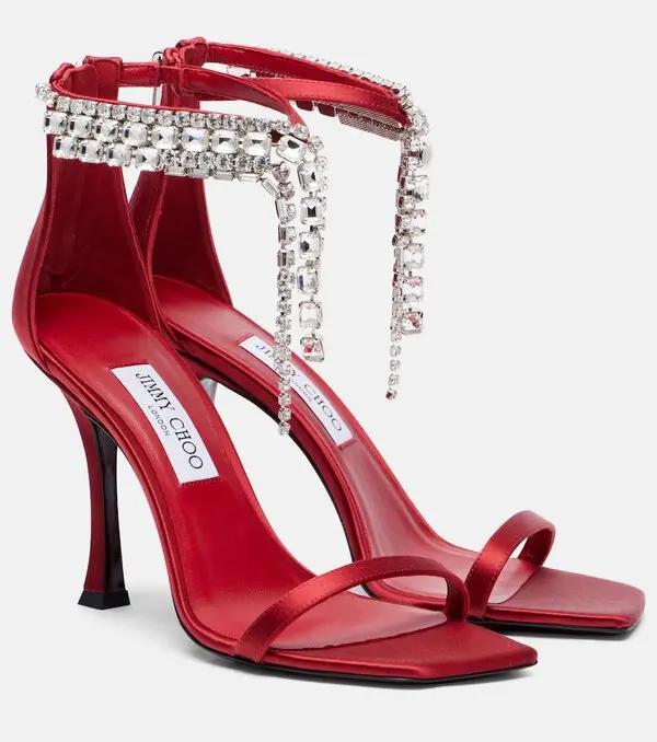 JIMMY CHOO Verity 100 Embellished Satin Sandals - Red