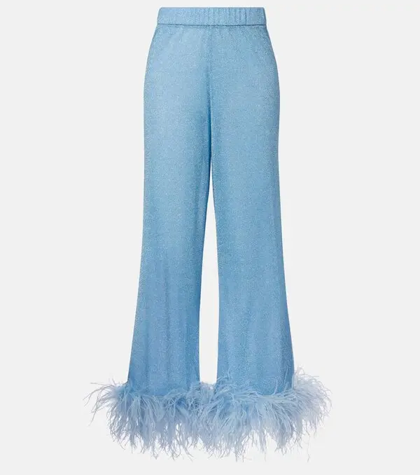 Oseree Lumière Feather-trimmed Wide-leg Pants - Blue