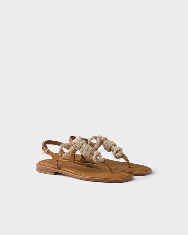 Prada Leather And Cord Thong Sandals - Light Tan