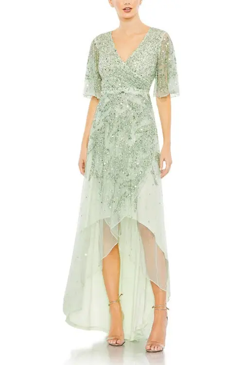 Mac Duggal Sequined Butterfly Sleeve High-low Gown