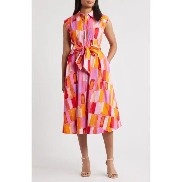 MILLY Jules Sunset Tile Stretch Cotton Midi Shirtdress