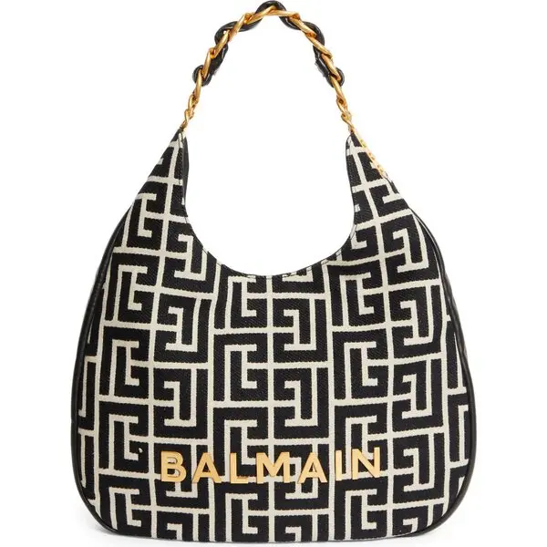 Balmain 1945 Large Soft Monogram Jacquard Hobo Bag - Ivory/ Black
