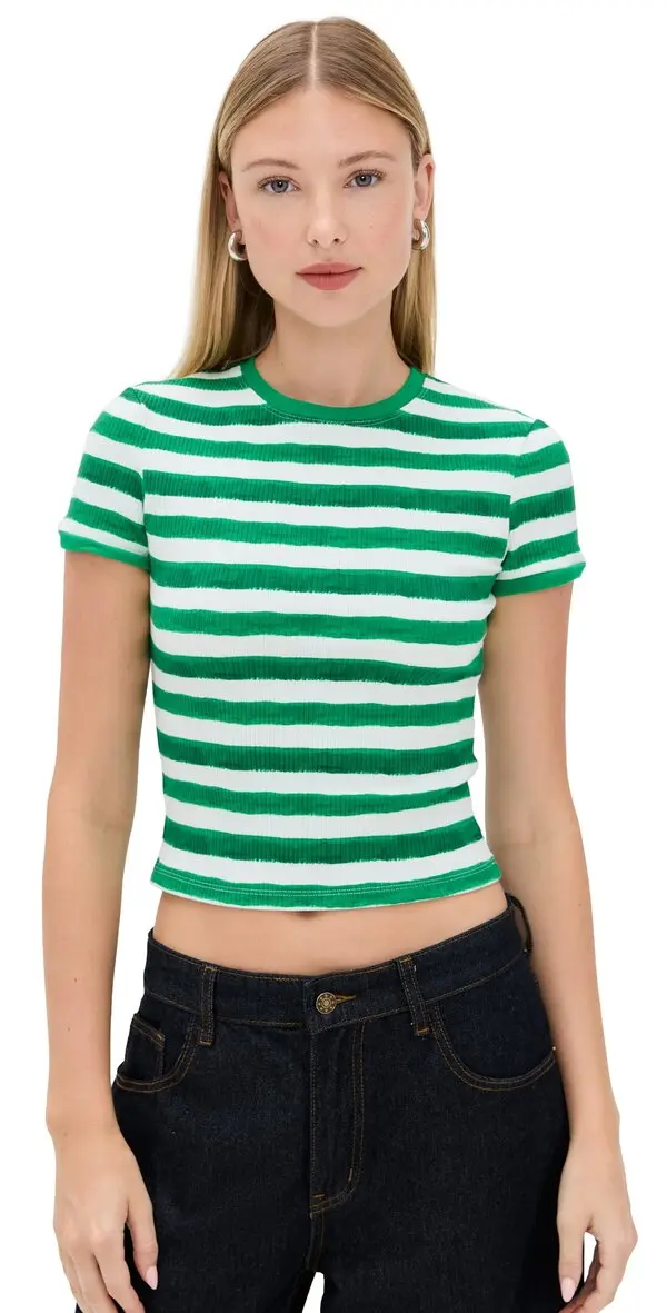 Alice + Olivia Tess Crew Neck Tee - Painted Stripe Lt Emerald