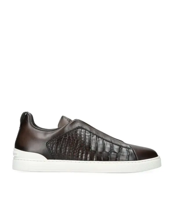 Zegna Triple Stitch Crocodile Leather Sneakers - Brown