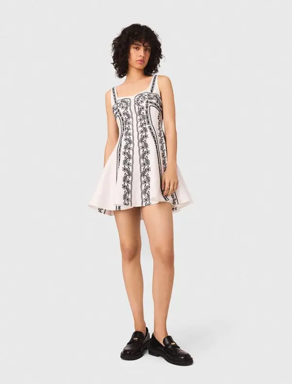 Maje Linen Mini Embroidered Strap Dress - Ecru / Black