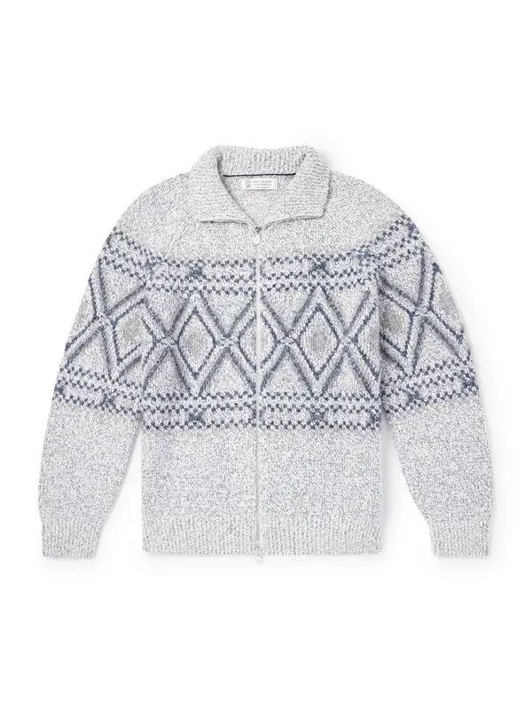 Brunello Cucinelli Fair Isle Wool, Silk And Cashmere-blend Zip-up Cardigan - Gray