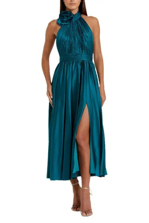 Mac Duggal Pleated Charmeuse Midi Dress