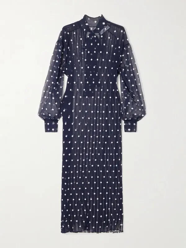 Marie Adam-Leenaerdt Polka-dot Chiffon-trimmed Ribbed-knit Midi Dress
