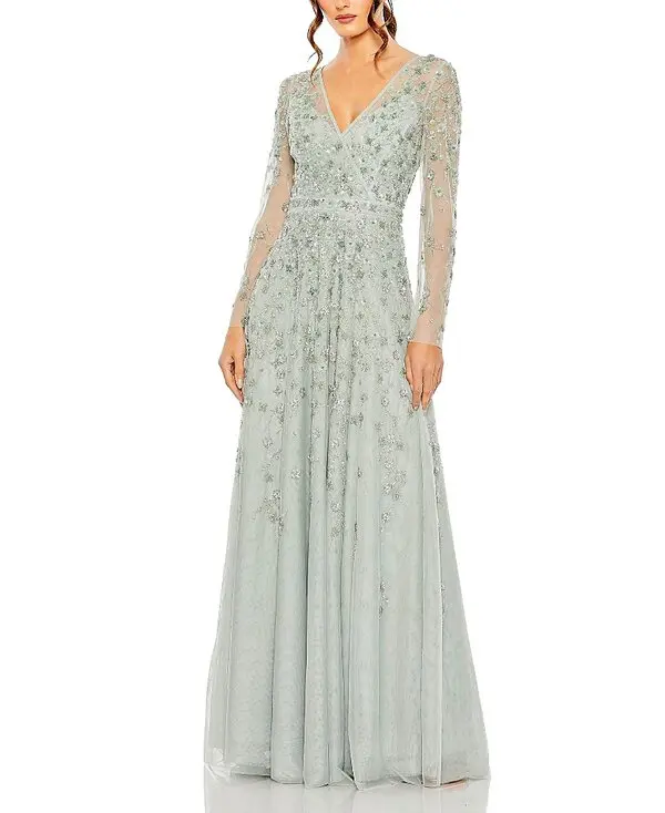 Mac Duggal Embellished Wrap-over Illusion Long Sleeve A-line - Sage