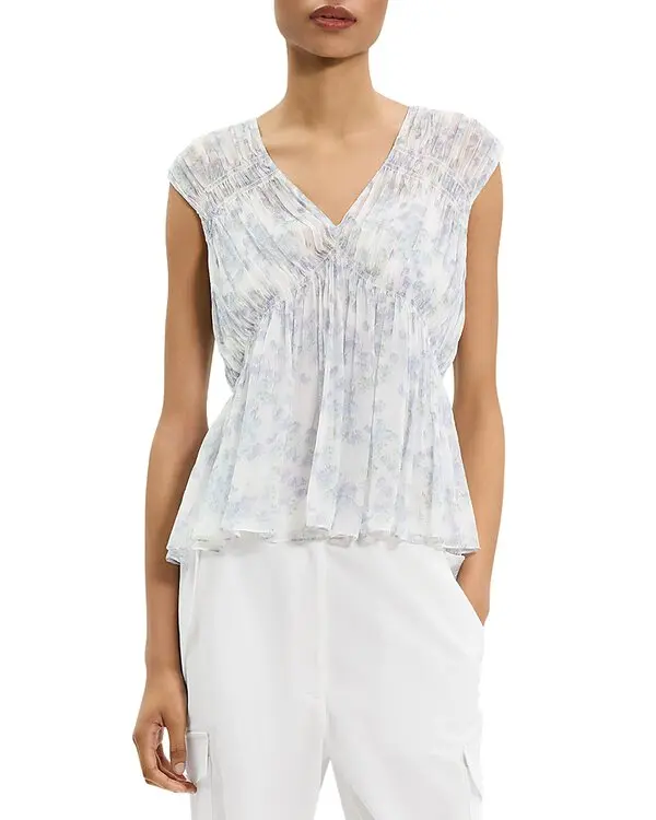 Theory Silk Ruched V-neck Top