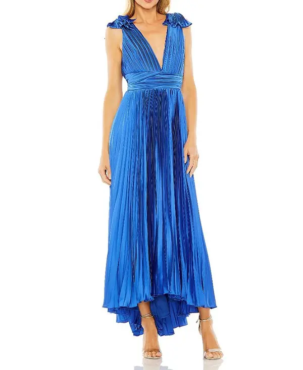 Mac Duggal Pleated Jersey Gown With Ruffled Strap Detail