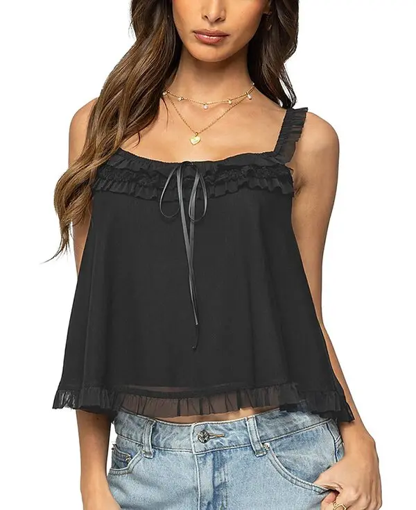 EDIKTED Ruffle Mesh Babydoll Tank Top - Black