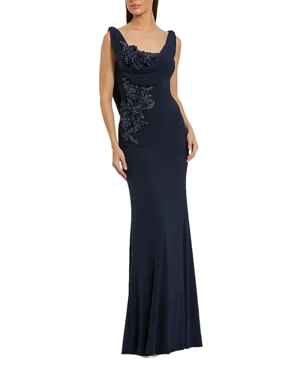 Mac Duggal Sleeveless Jersey Cowl Neck Gown With Beading - Midnight