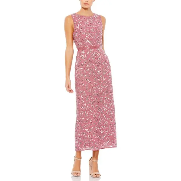 Mac Duggal Sequin Embellished Geometric Midi Dress - Rosewood