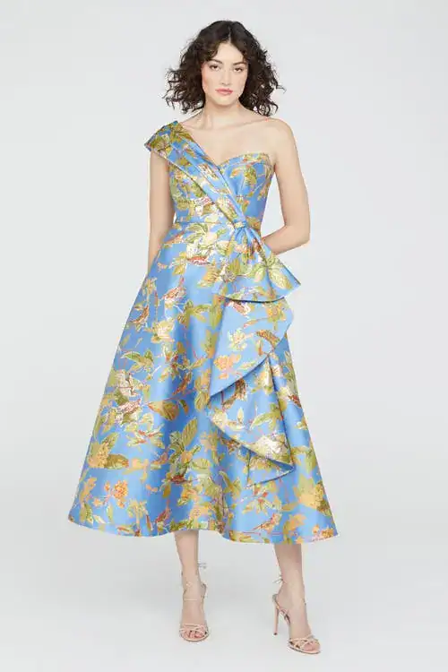 Theia Dalia Tea Length Dress In Cornflower/Marigold - 30% Off | Editorialist