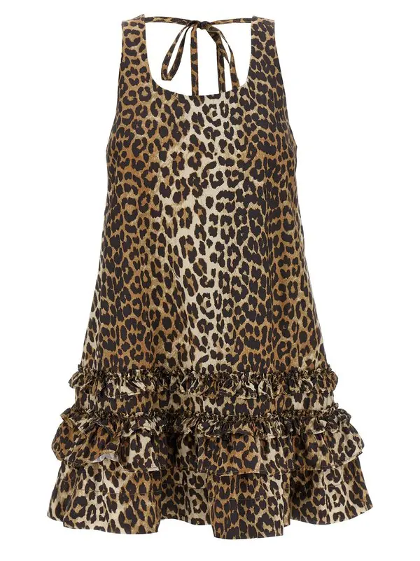 GANNI Leopard Cotton Poplin Mini Dress - Brown