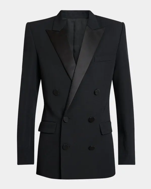 Balmain Satin Peak Lapel Double-breasted Blazer Jacket - Eap Black/black