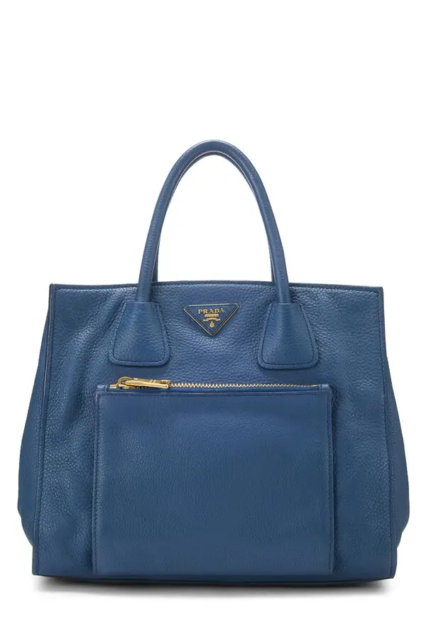 Prada Vitello Daino Trapeze Front Pocket Tote - Blue