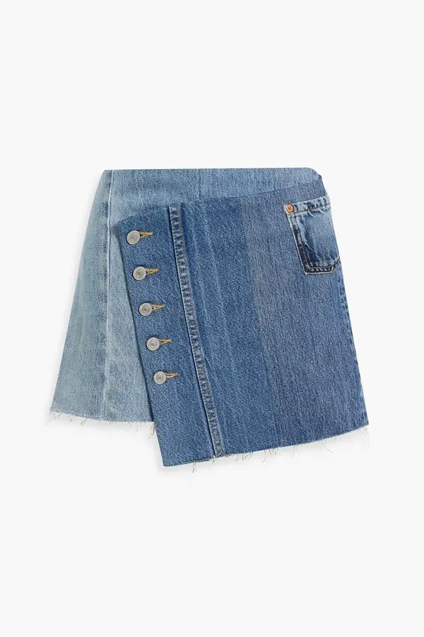 Re/Done With Levi'S Frayed Denim Mini Wrap Skirt In Mid Denim 55