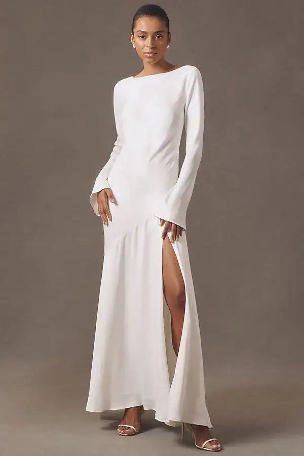 Bhldn Long-Sleeve Cowl-Back Drop-Waist Maxi Dress In Champagne - 30% Off |  Editorialist