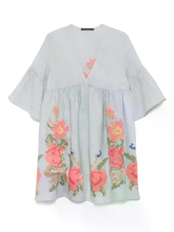 Greek Archaic Kori Rose-embroidered Mini Dress - Grey