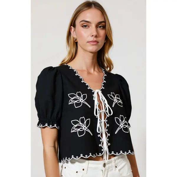 MODENAIRE Puff Sleeve Floral Embroidered Blouse - Black / White