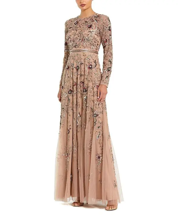 Mac Duggal Long Sleeve Floral Embellished Mesh A-line Gown - Mocha