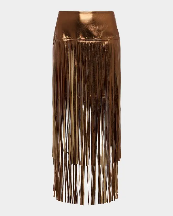 L'Agence Karolina Metallic Faux Leather Fringe Skirt