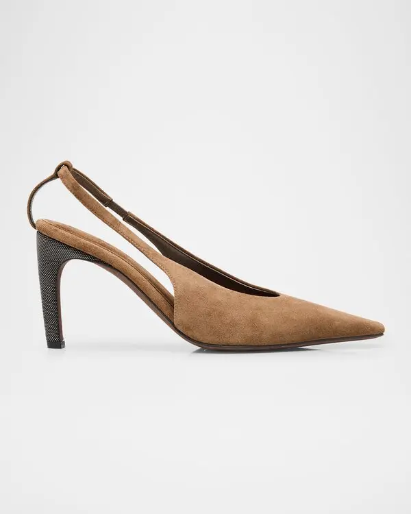 Brunello Cucinelli Suede Slingback Pumps With Monili Heel