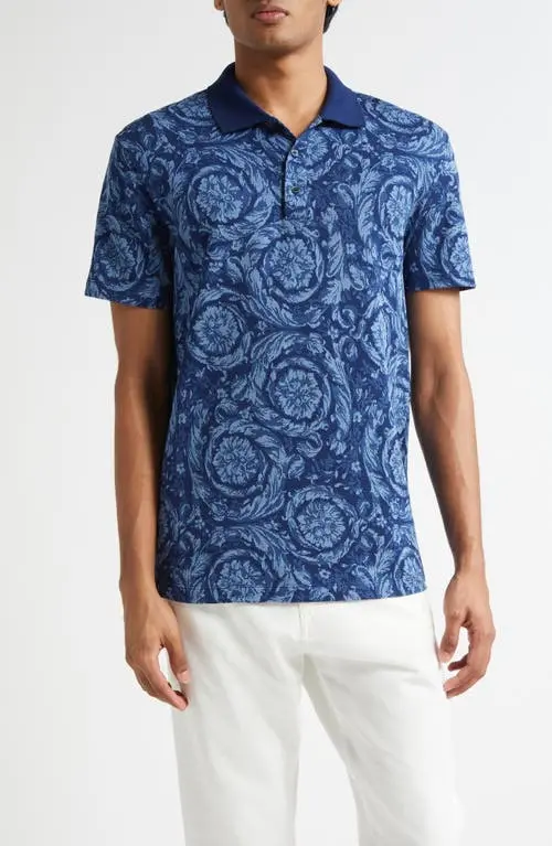 Versace Barocco Jacquard Cotton Piqué Polo - Ink Celeste