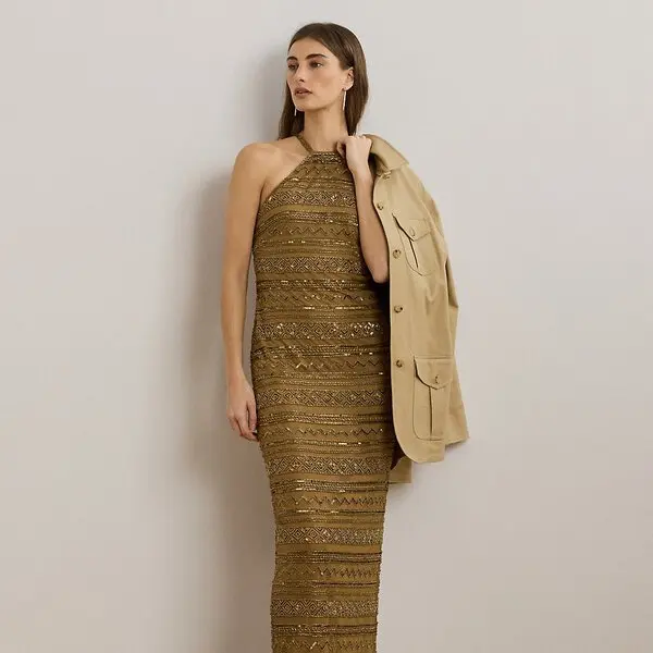 Ralph Lauren Beaded Mesh Halter Gown