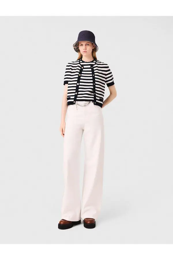 Maje Crochet Cropped Cardigan - Black / Navy / Stripe / White