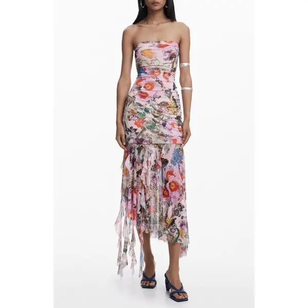 Desigual Ruched Ruffle Hem Asymmetric Maxi Dress